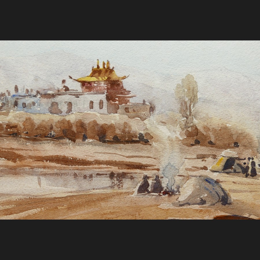 Krishna KANWAL, Vue d'un monastère à Lhassa au Tibet, aquarelle - Galerie Cerca Trova, tableaux ...